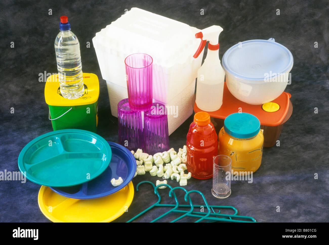Group of items made of plastic oil chemical product Stock Photo - Alamy