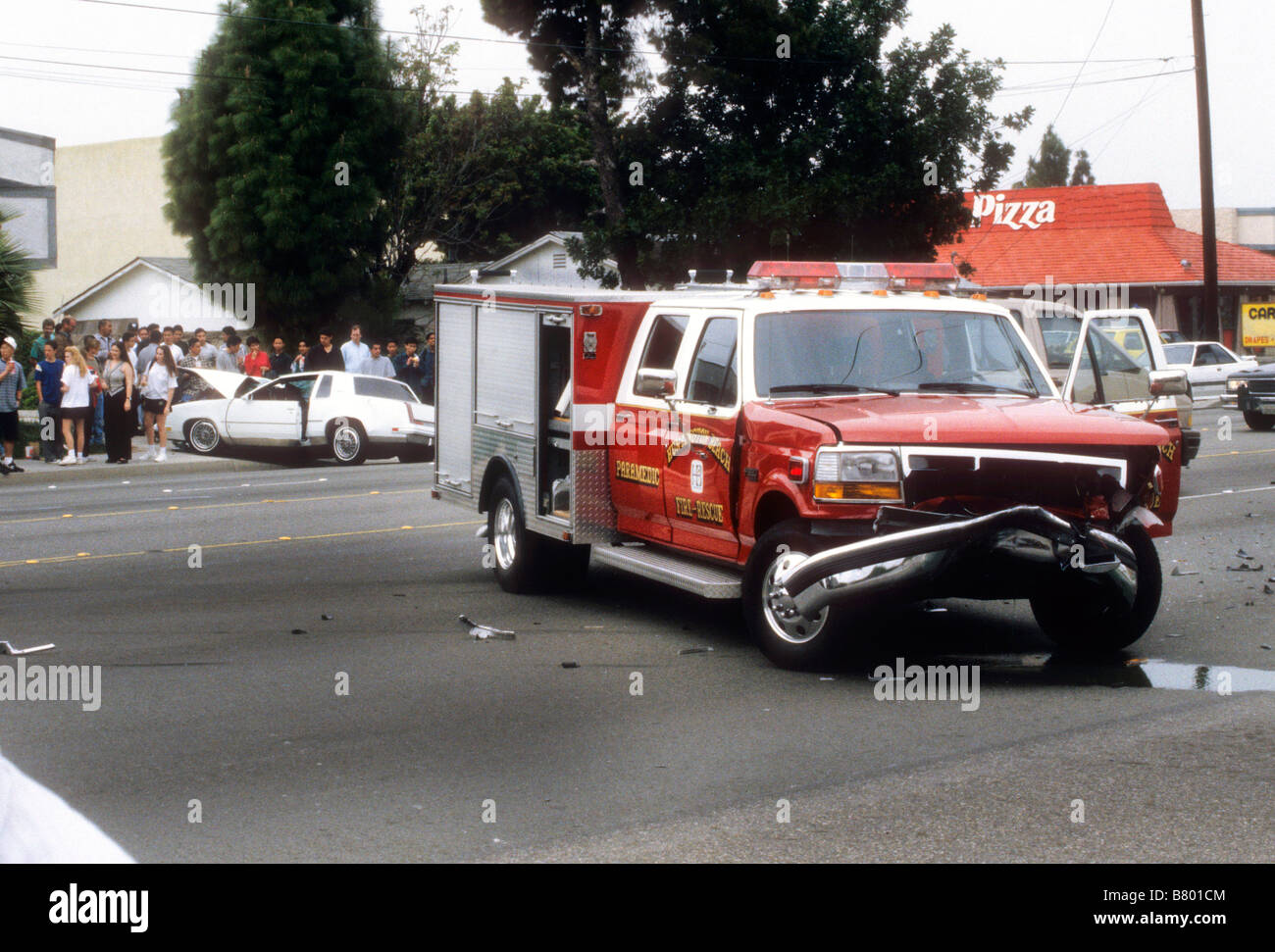 Accident scene in which emergency paramedics vehicle was hit by another ...