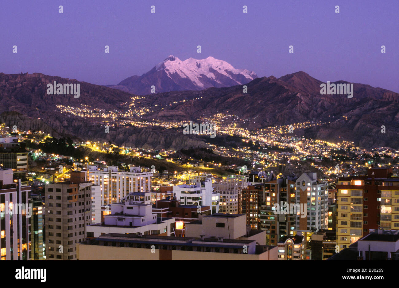 View over Sopocachi in central La Paz with Mt Illimani and lights of ...