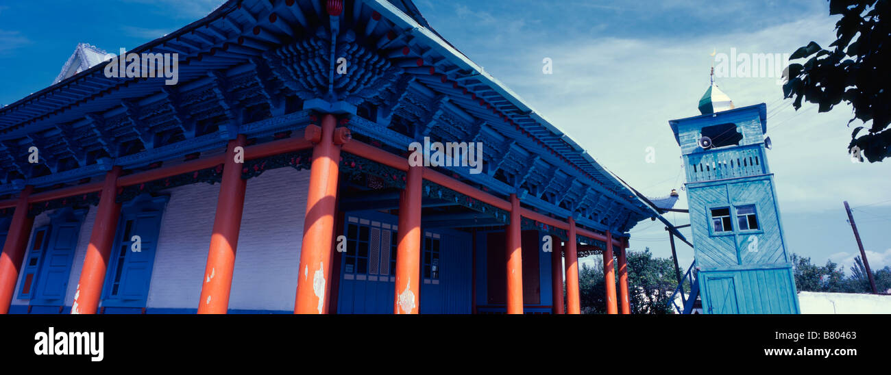 Low angle panoramic shot of the wooden Dungan mosque located in the ...