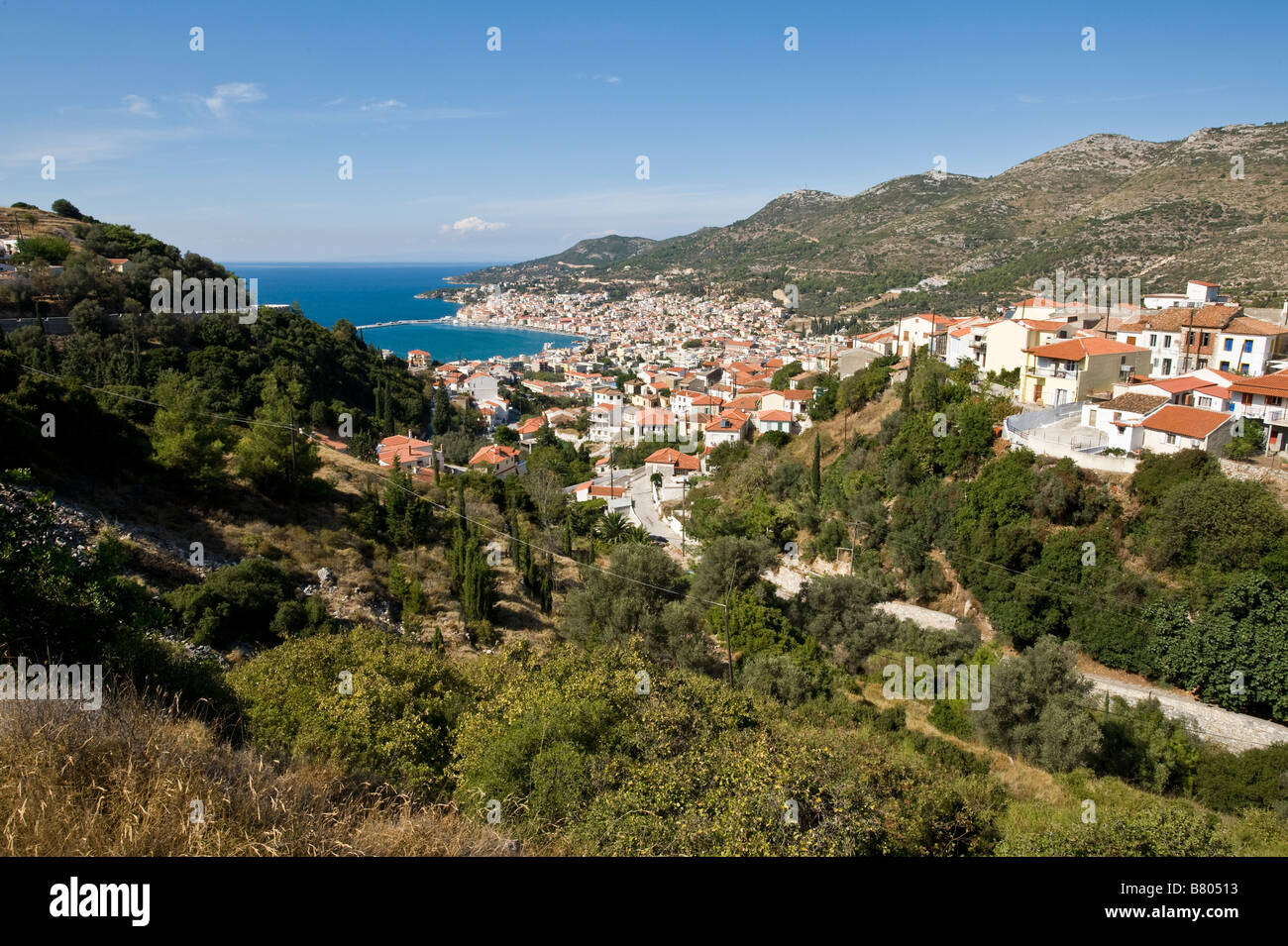 View on the houses on Ano Vathy (old part of Samos-Town) and the gulf ...