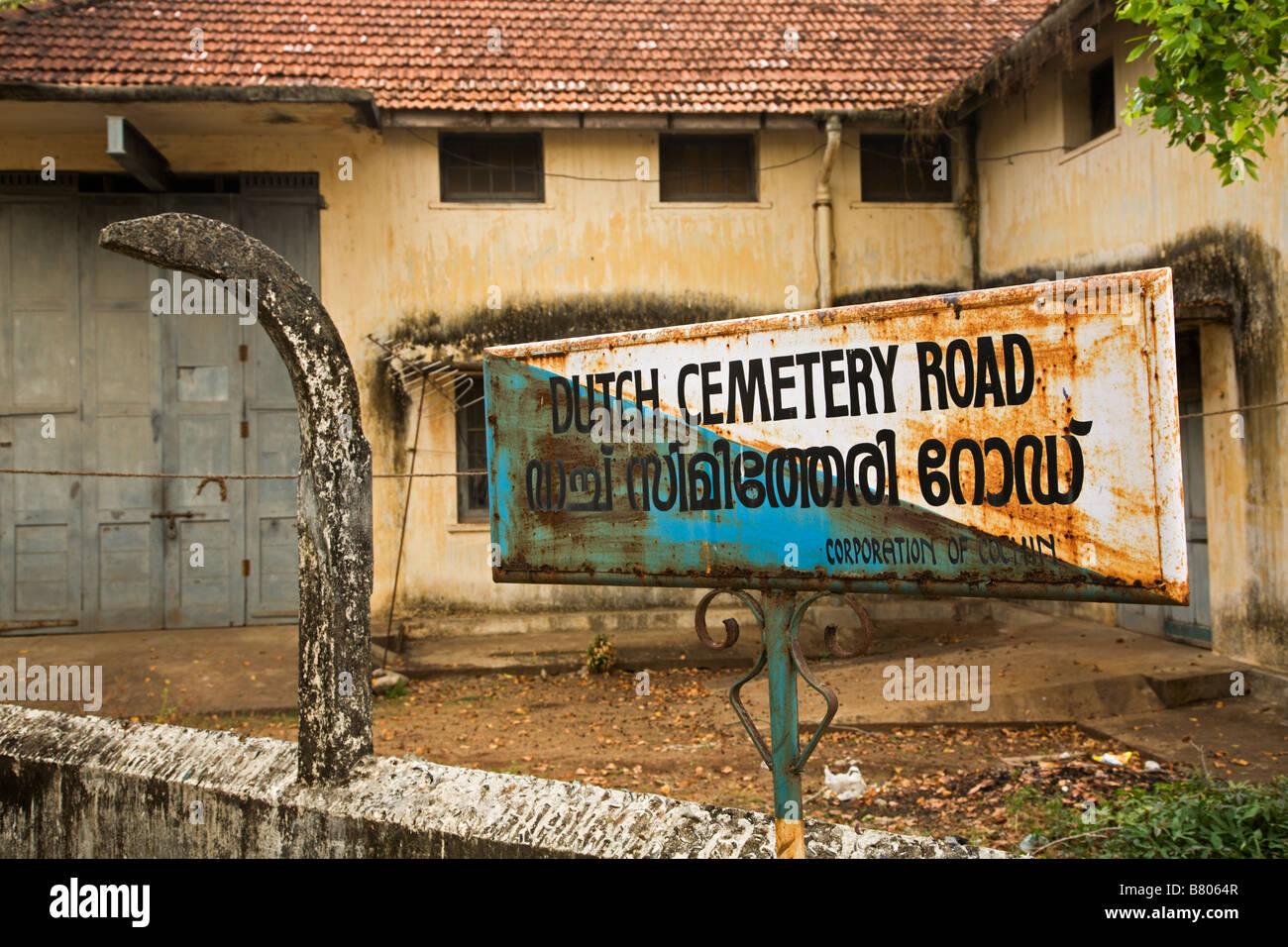 Old rusty road sign for Dutch Cemetery Road in Fort Cochin in Kerala ...
