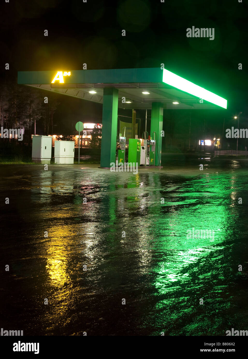 Unmanned 24 hour open Finnish petrol station ( Neste Oil ) at night ...