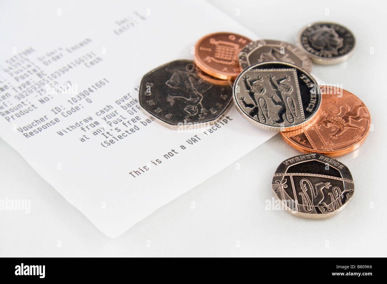 Loose change on top of a receipt on a white background Stock Photo - Alamy