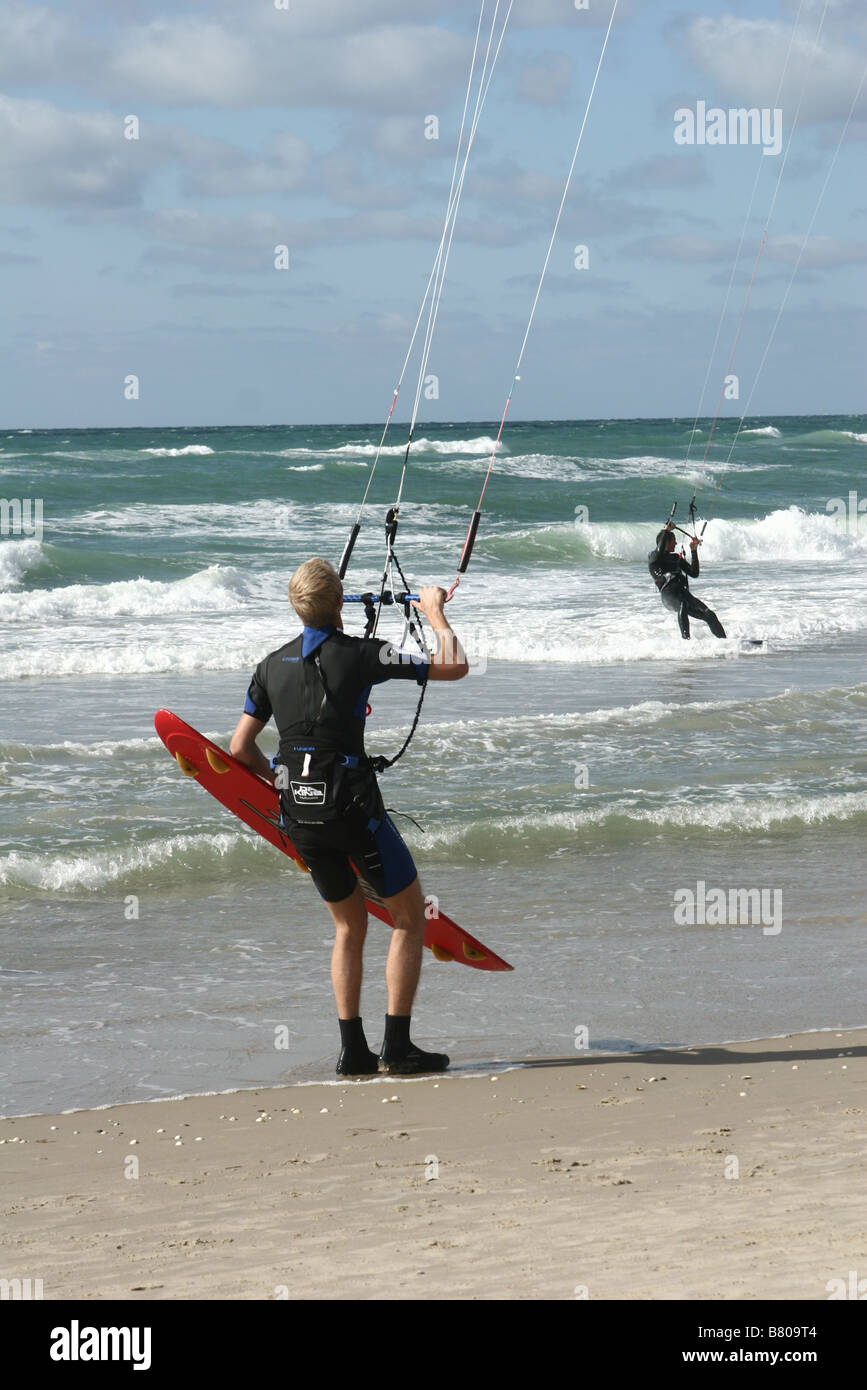 Kite surfing on the beach in Denmark (west coast in Loekken Stock Photo ...