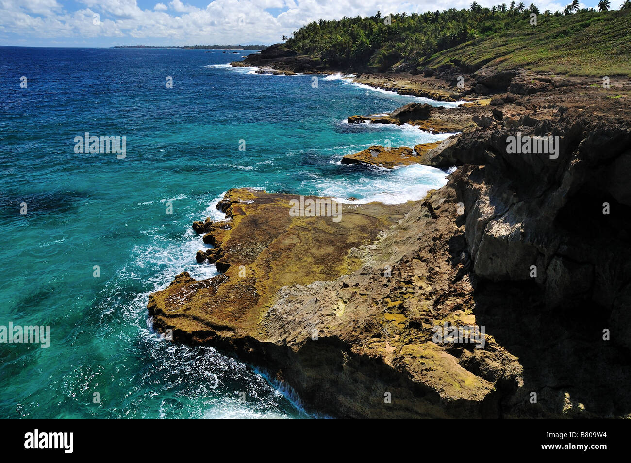 View of the ocean-side cliffs and clear-blue water in Dorado, Puerto ...