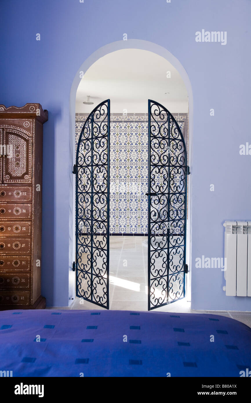 South of France holiday villa blue bedroom interior Stock Photo - Alamy