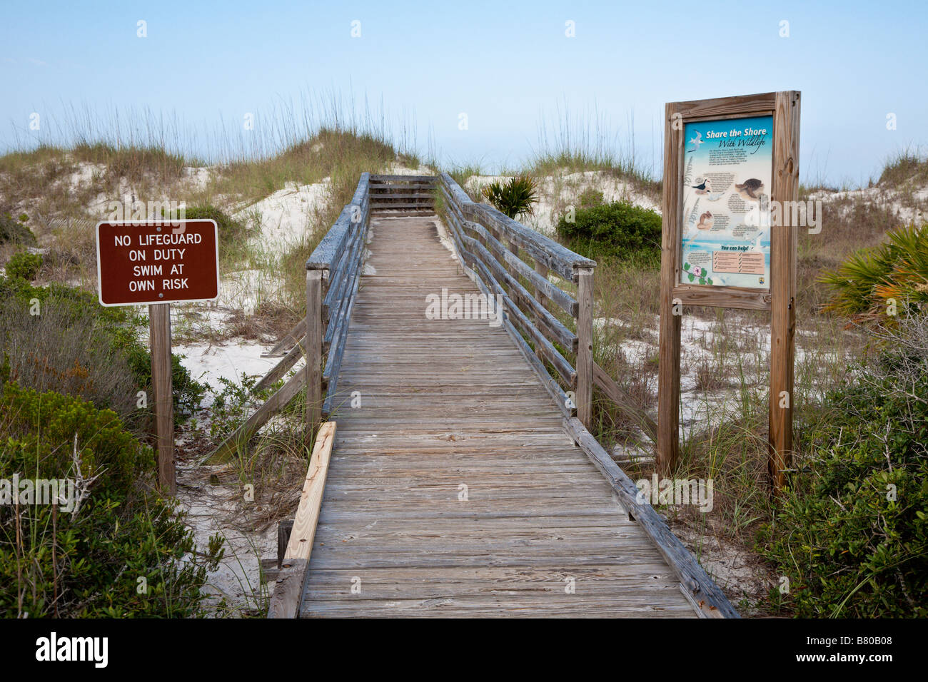 Signs at beach entrance warn of rip currents and disallow pets on beach ...