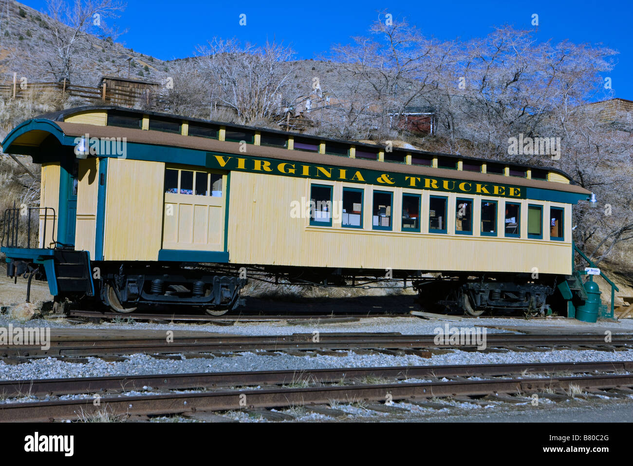 A rail car for the Virginia and Truckee Railroad sits on tracks in ...