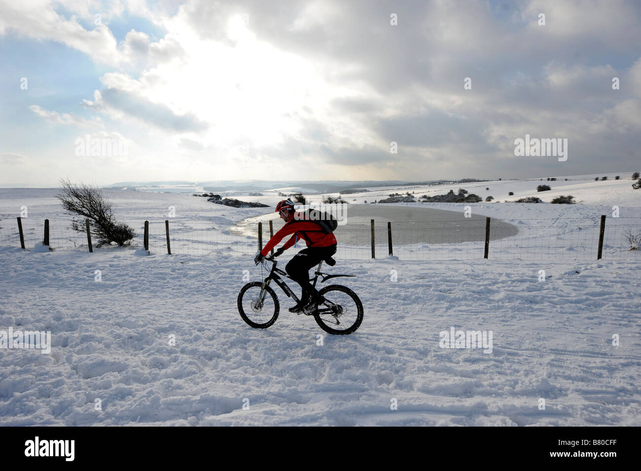 An intrepid cyclist battles through the snow on top of Ditchling Beacon ...
