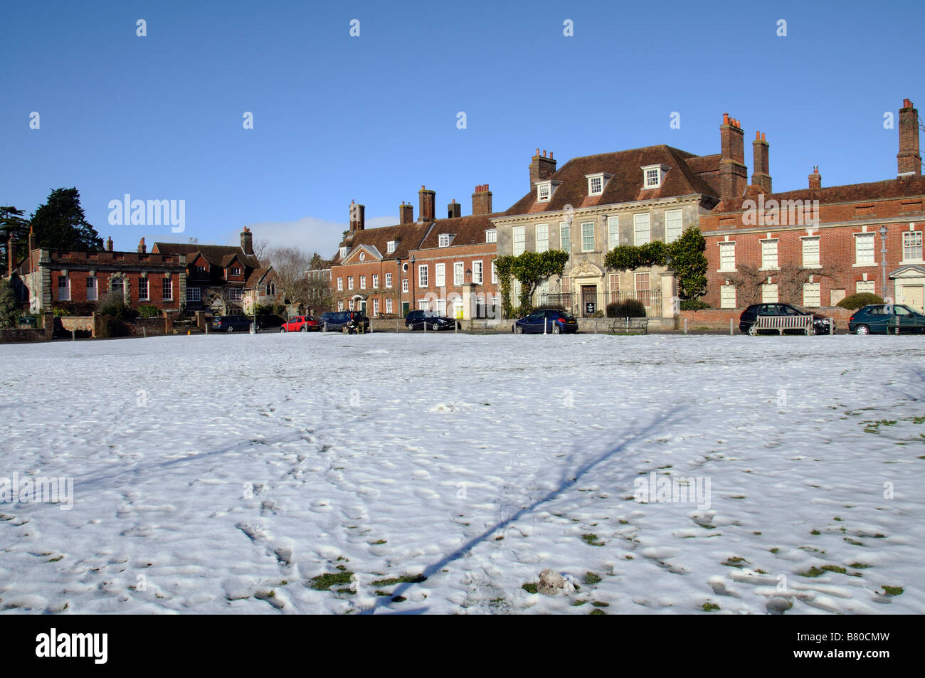 Snow covered Cathedral Close Salisbury city centre Wiltshire England UK ...