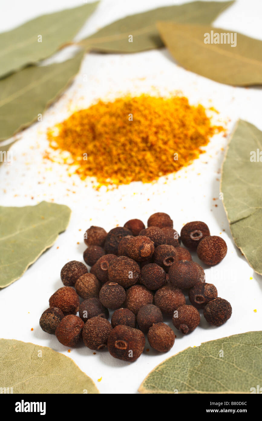 Spices. Allspice, curry and laurel leaves Stock Photo - Alamy