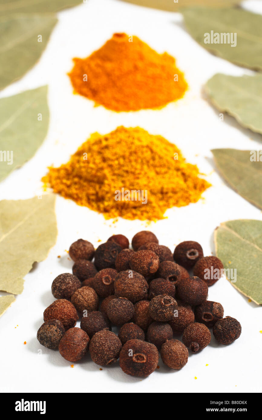 Spices. Allspice, curry and saffron, with some laurel leaves on the ...
