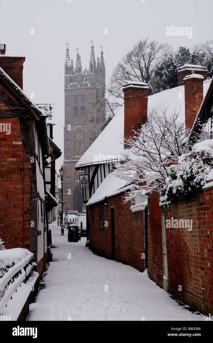 St. Mary`s Church and Castle Street with snow, Warwick, Warwickshire ...