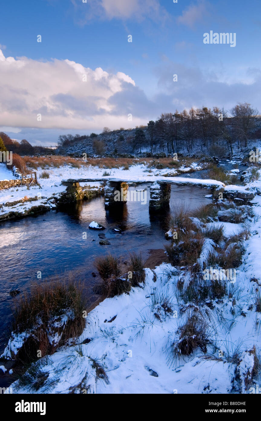 Ancient clapper bridge and road bridge at Postbridge Dartmoor after ...