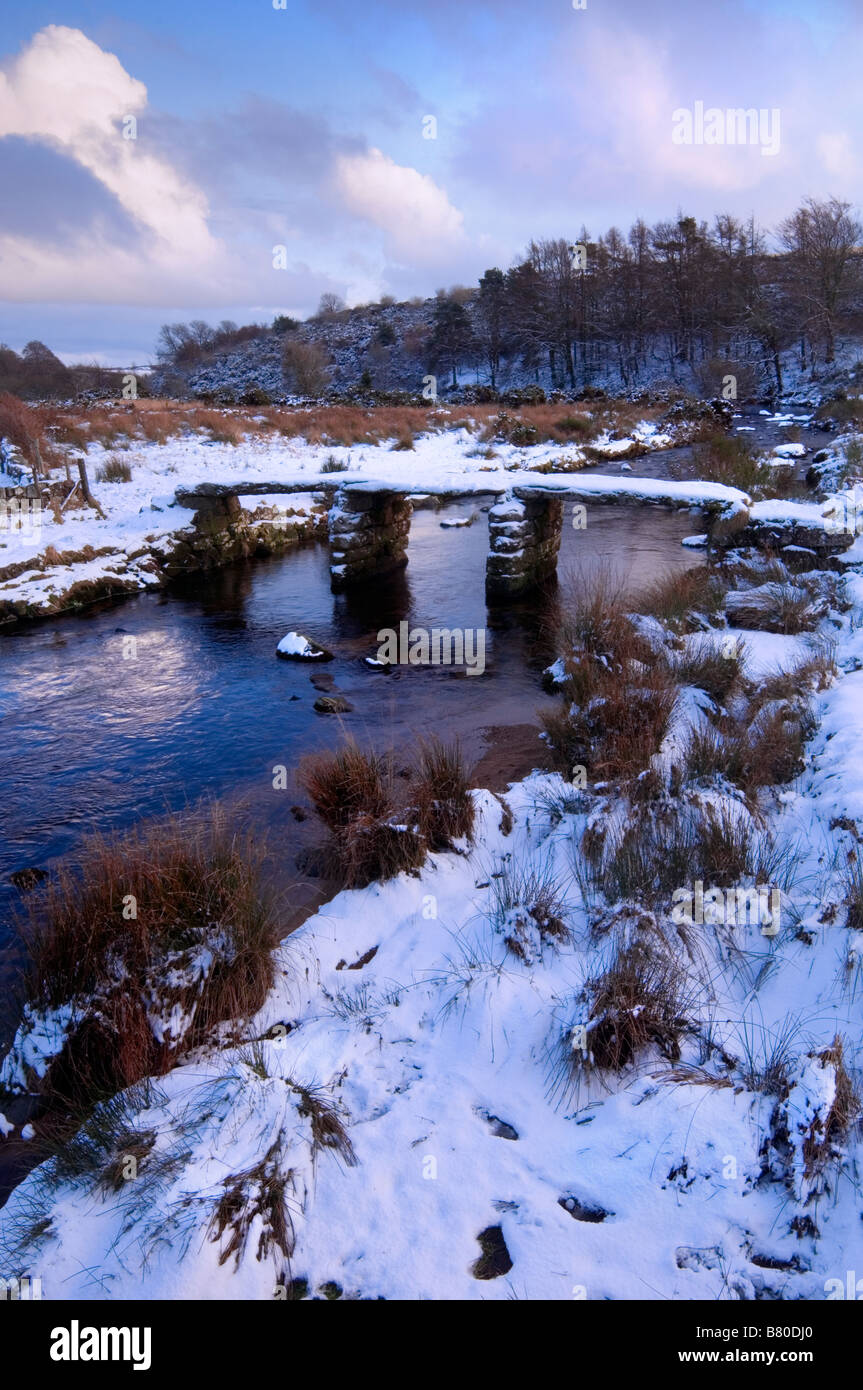 Ancient clapper bridge and road bridge at Postbridge Dartmoor after ...