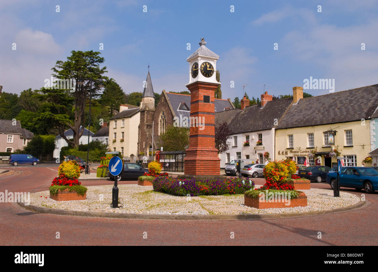 Victorian clock with floral display at Twyn Square Usk Monmouthshire ...