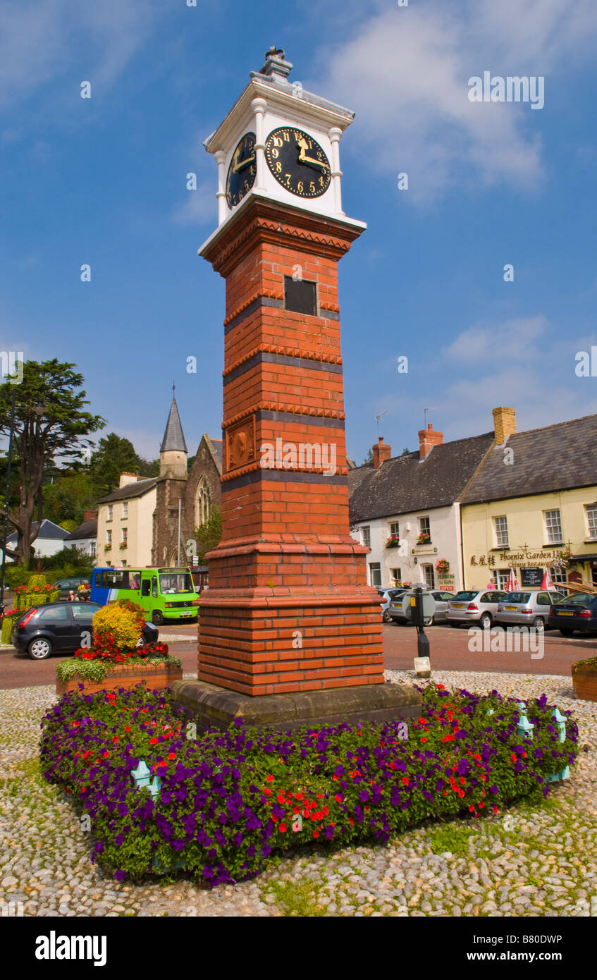Victorian clock with floral display at Twyn Square Usk Monmouthshire ...