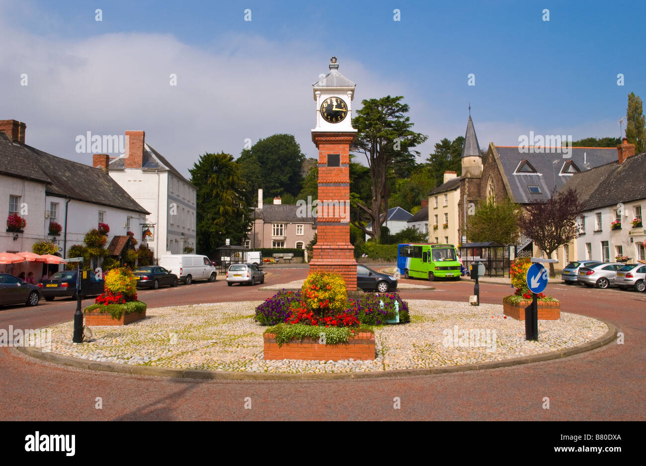 Victorian clock with floral display at Twyn Square Usk Monmouthshire ...