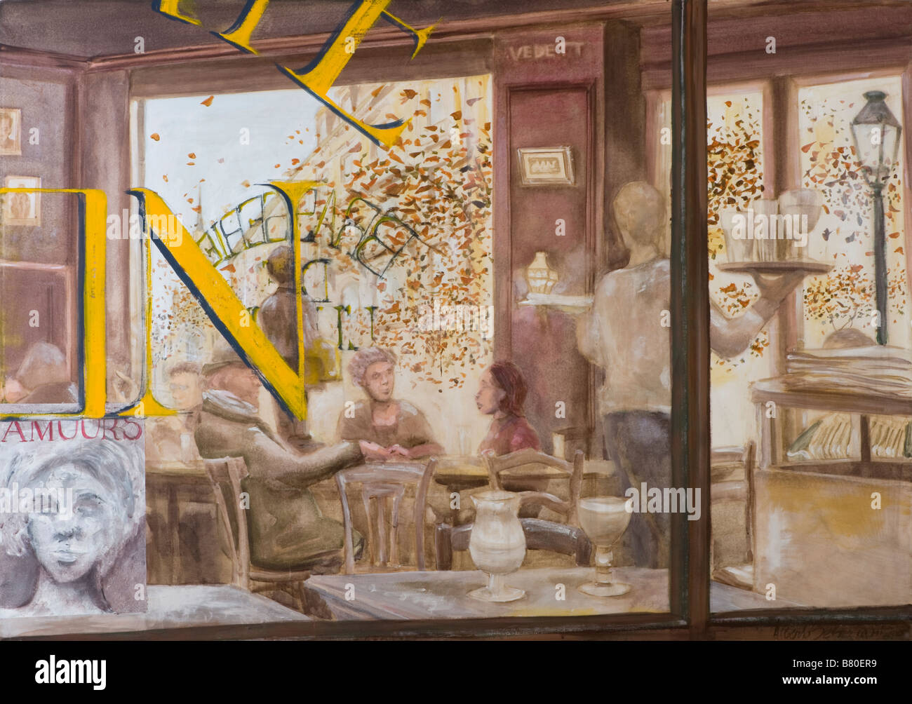 Autumn, red leaves falling, a pub view from outside with people ...