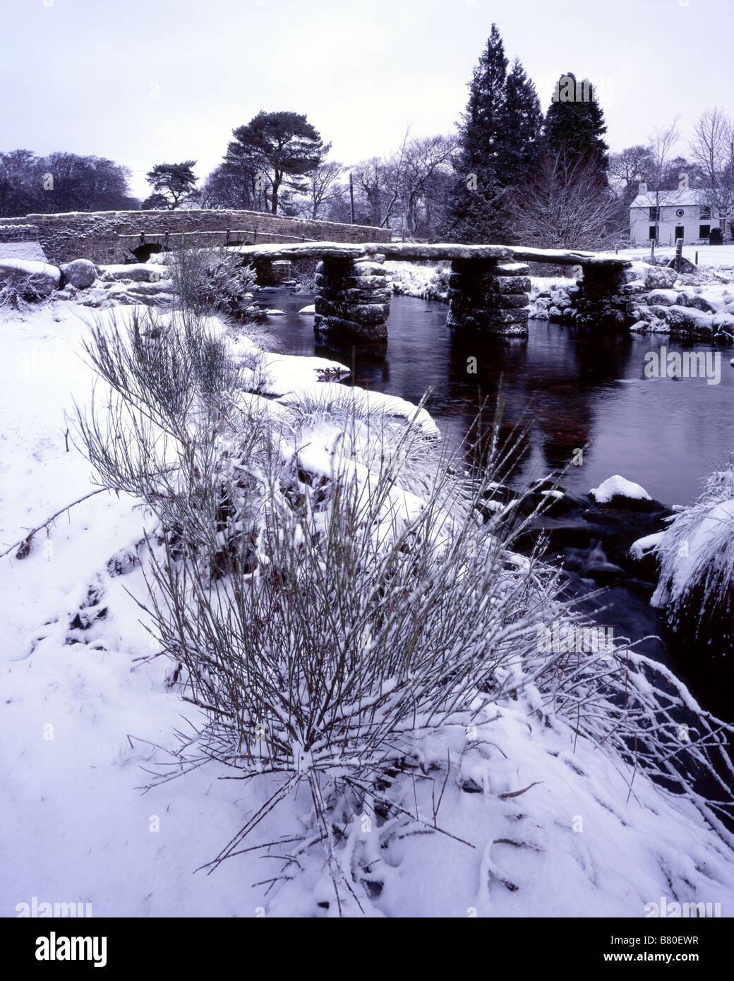 Ancient clapper bridge and road bridge at Postbridge Dartmoor after ...