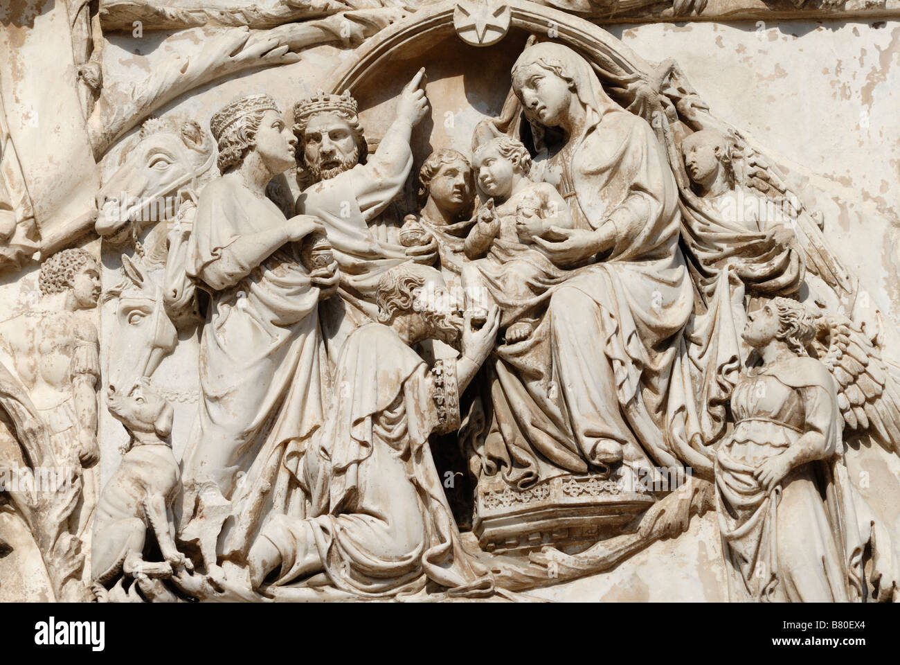 Orvieto Umbria Italy Detail of marble bas reliefs on the facade of the ...