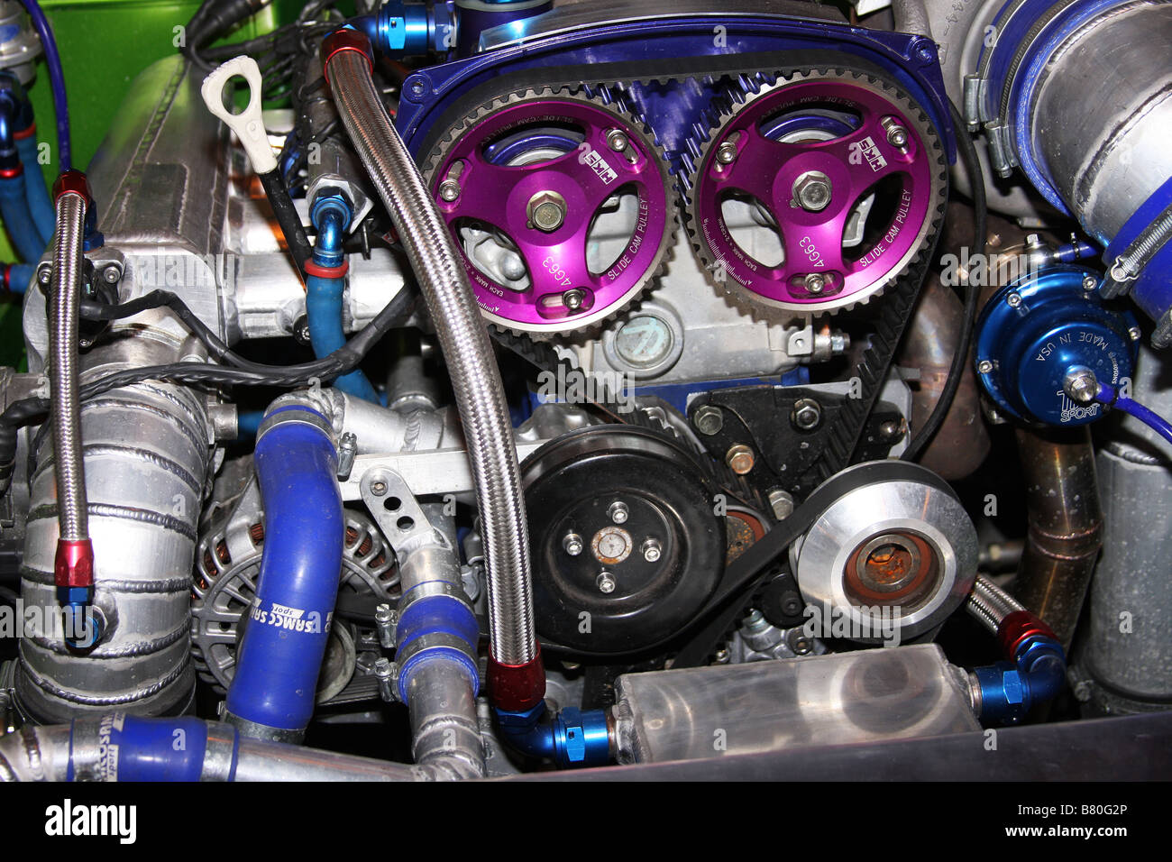 Close view of under the bonnet in a high performance vehicle showing ...