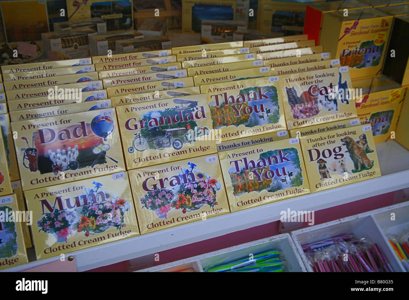 Shop front display of fudge in a sweet shop in Lynmouth, North Devon ...