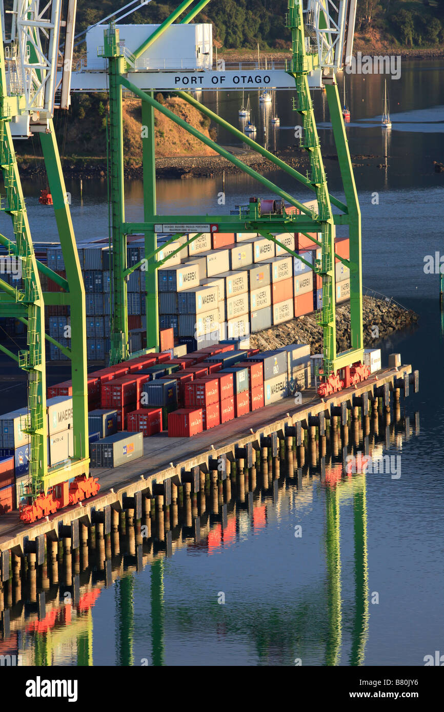 Containers under crane at export terminal,Port Chalmers, Otago Harbour ...