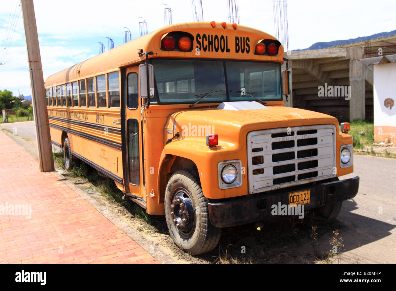 front view of an old schoolbus, Sutamarchan, Boyacá, Colombia, South ...