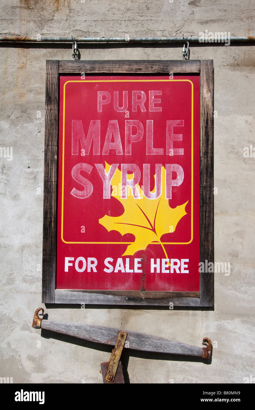 A sign advertising pure maple syrup at Sugarbush Farm in Vermont ...