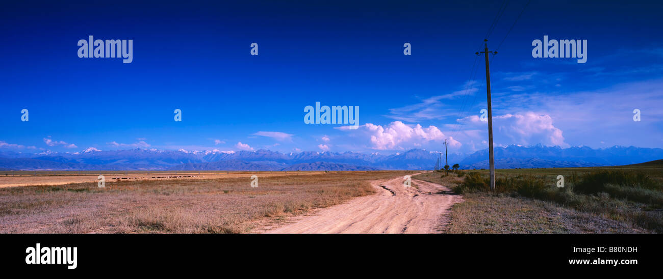Small dirt road in between some remote farm fields in Kyrgyzstan Stock ...