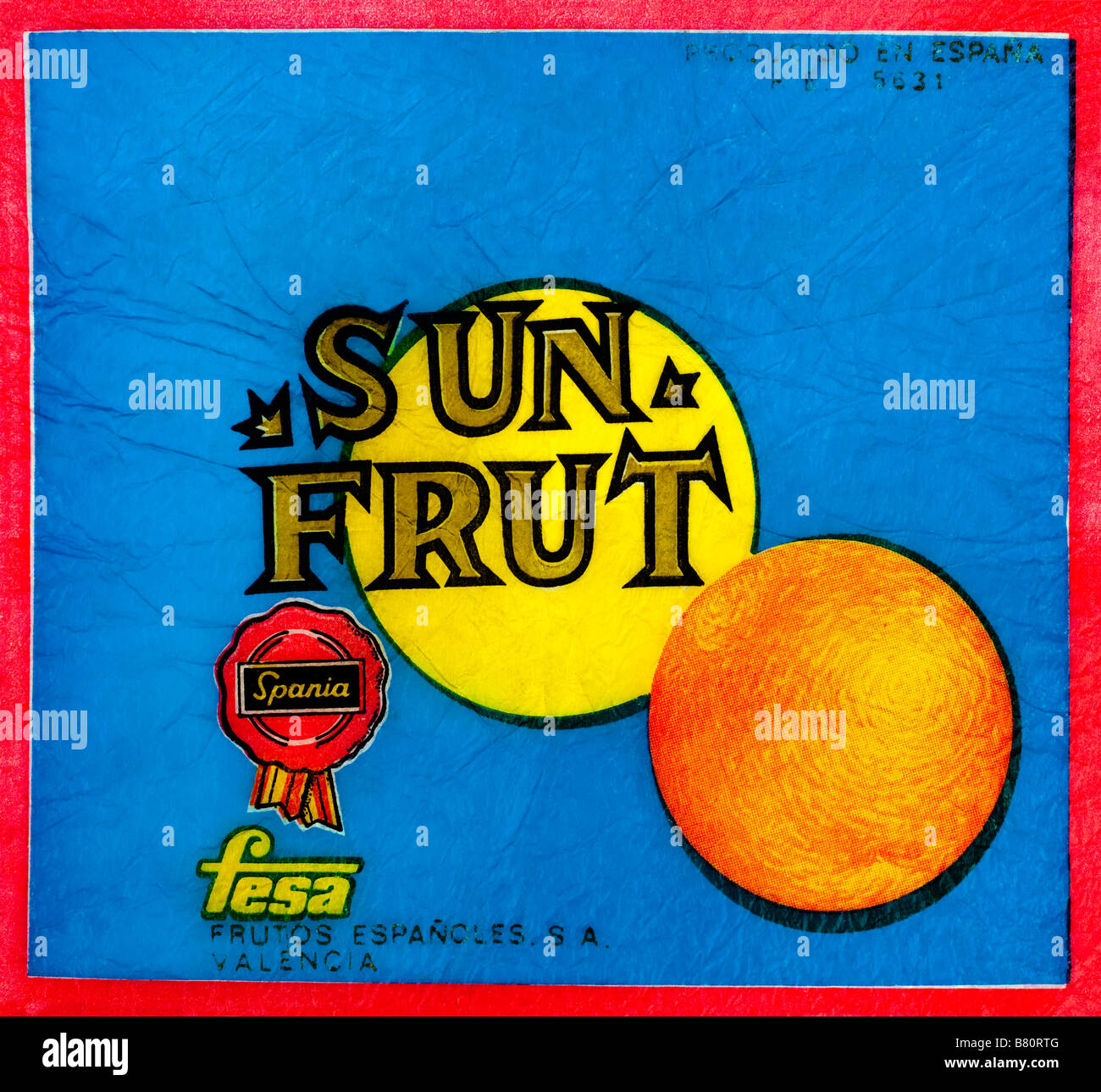 Citrus fruit wrapper from Spain - Sun Frut logo illustration on blue ...