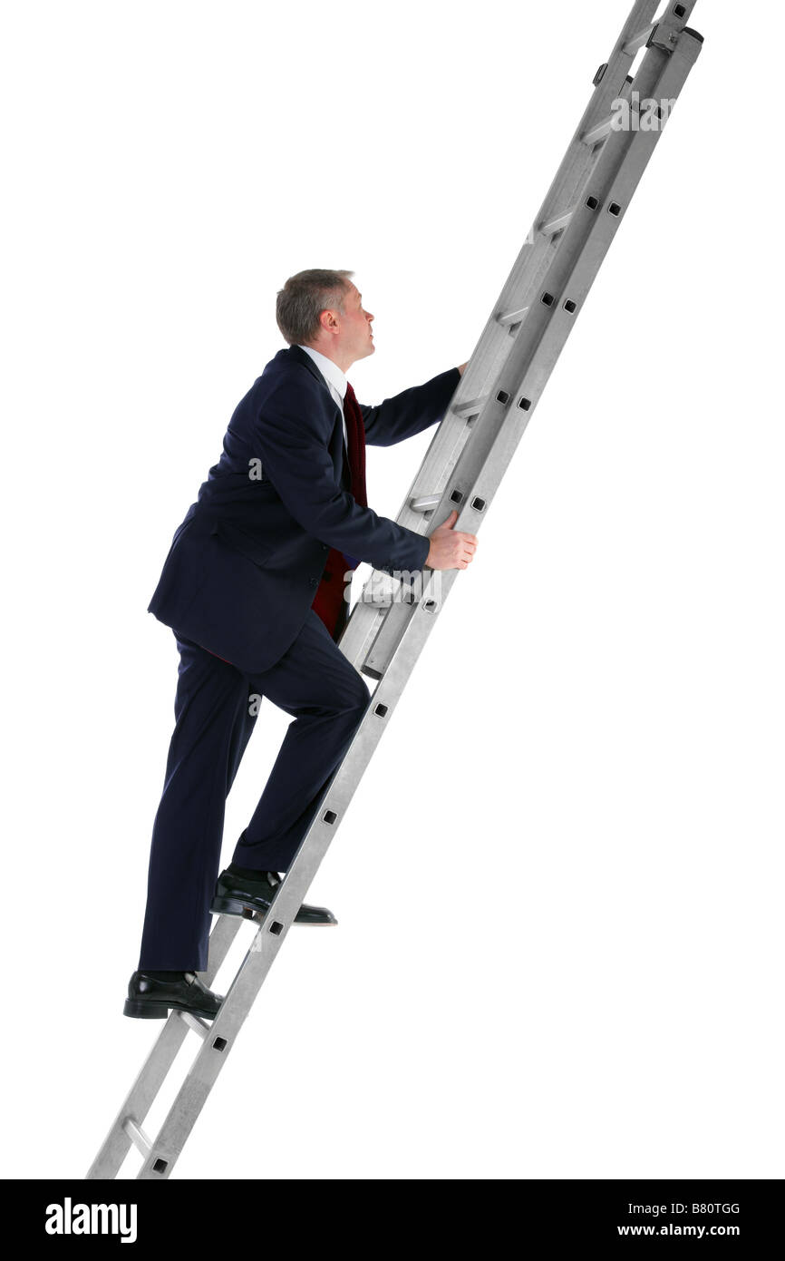 Side view of a businessman climbing a ladder isolated on a white ...