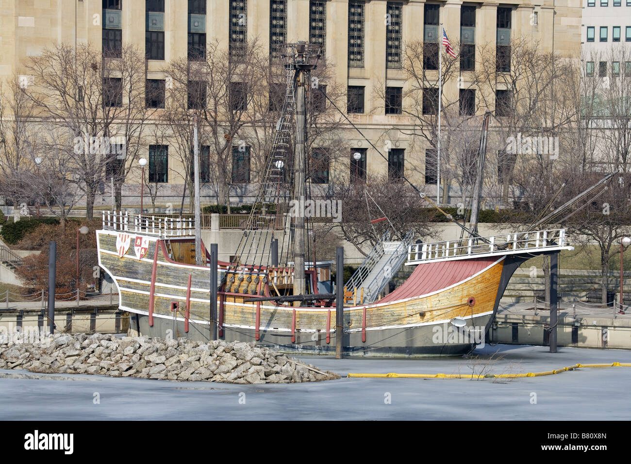 The "Santa Maria" floats on a frozen Scioto River in downtown Columbus ...