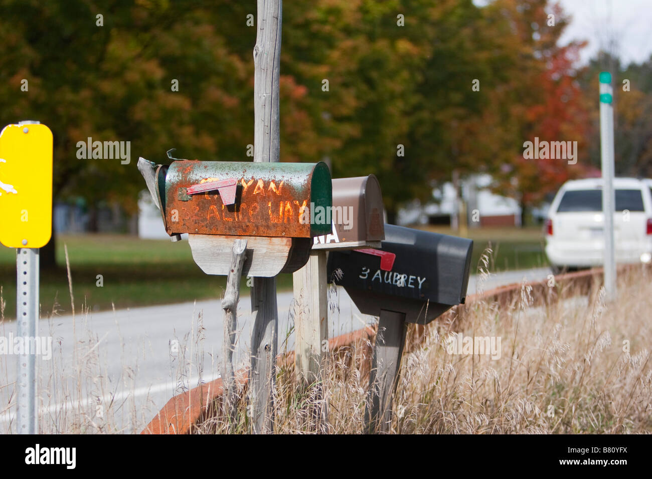 Three mailboxes along a road October 7 2008 RF Stock Photo - Alamy