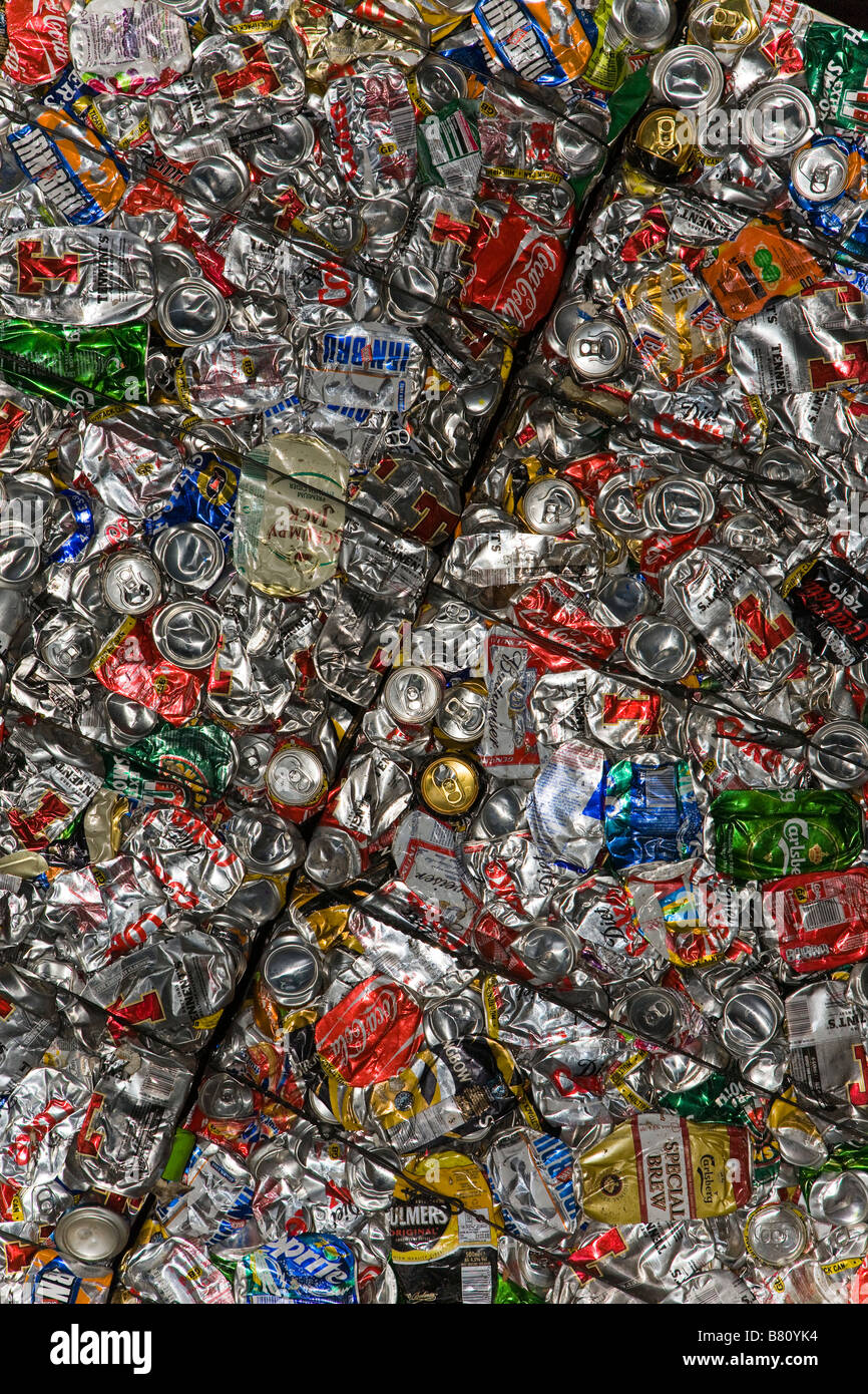 Crushed aluminium cans from soft drinks and beer cans being prepared ...