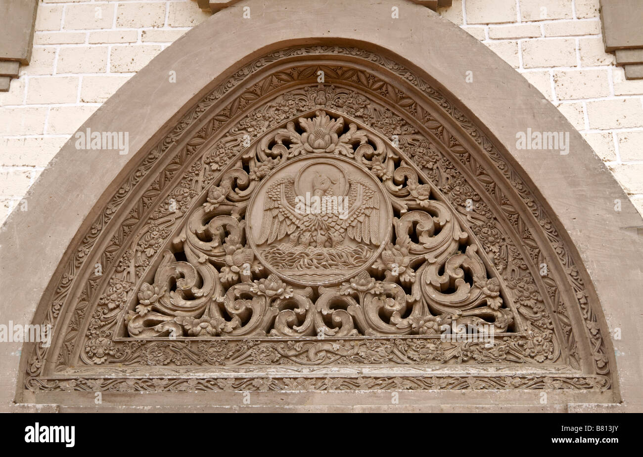 Ornate details on the Roman Catholic cathedral at Palasari, Bali ...