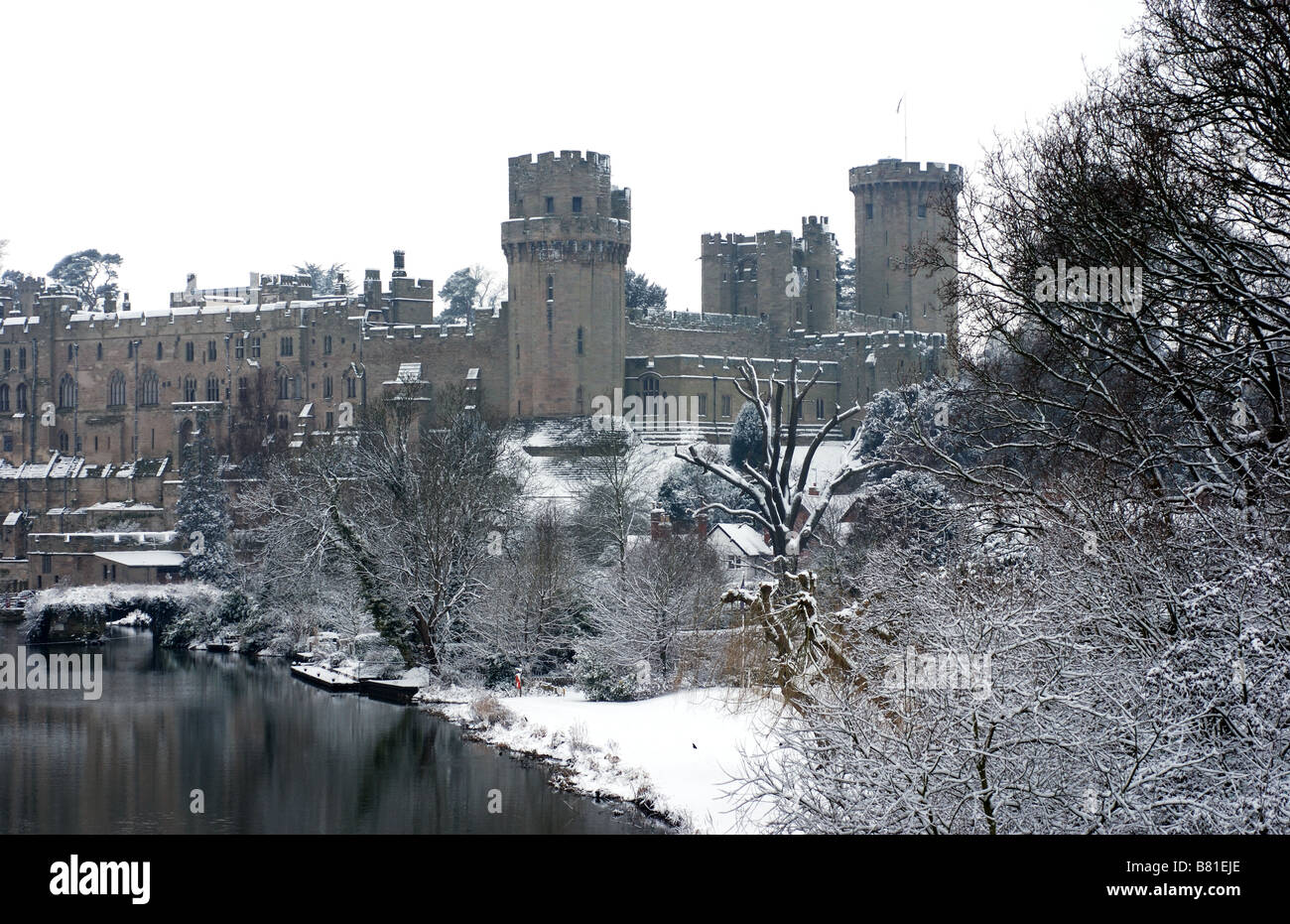 Warwick Castle and River Avon in winter, Warwickshire, England, UK ...