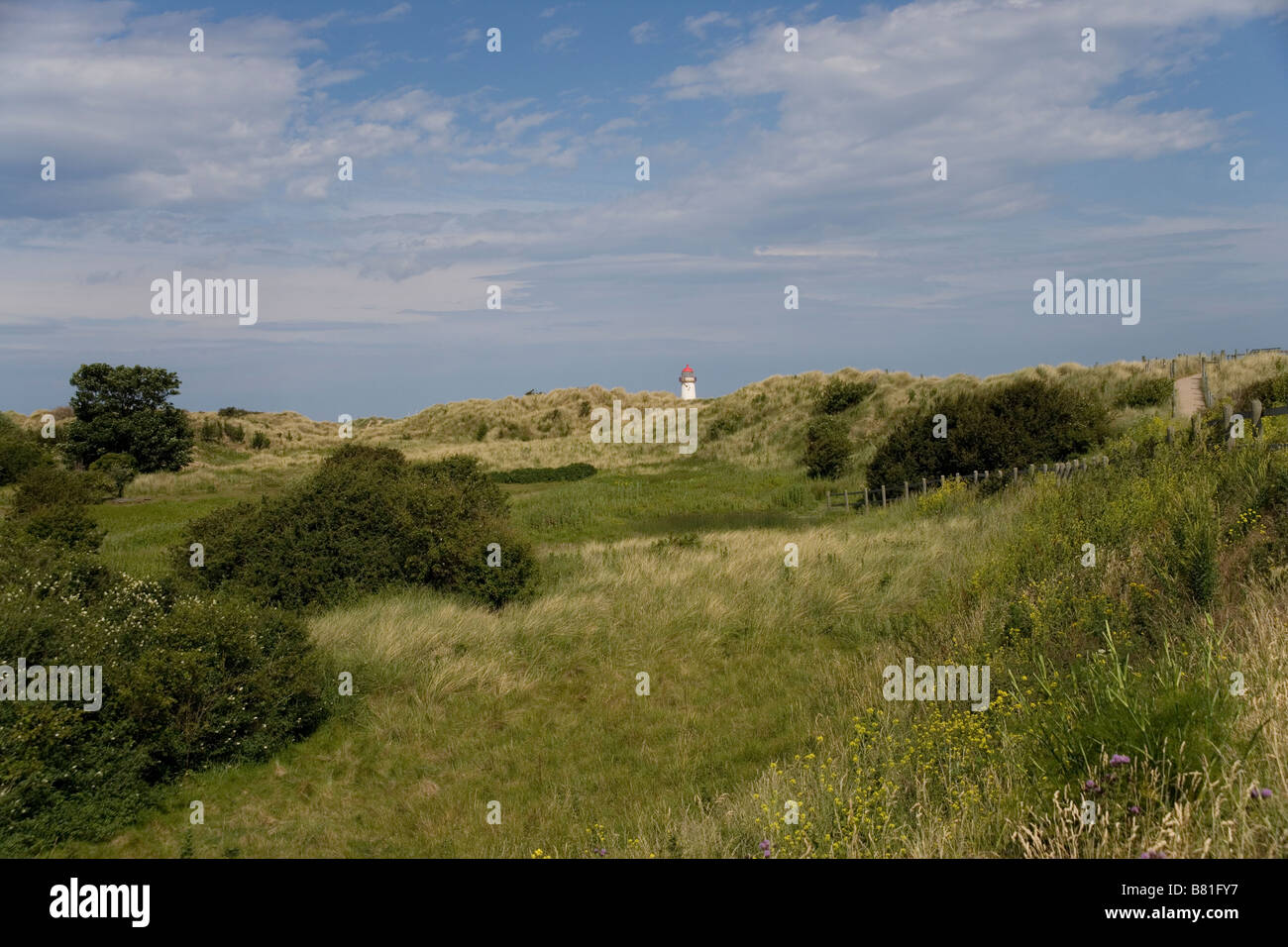 Talacre beach dunes and the Point of Ayr lighthouse on the Dee Estuary ...