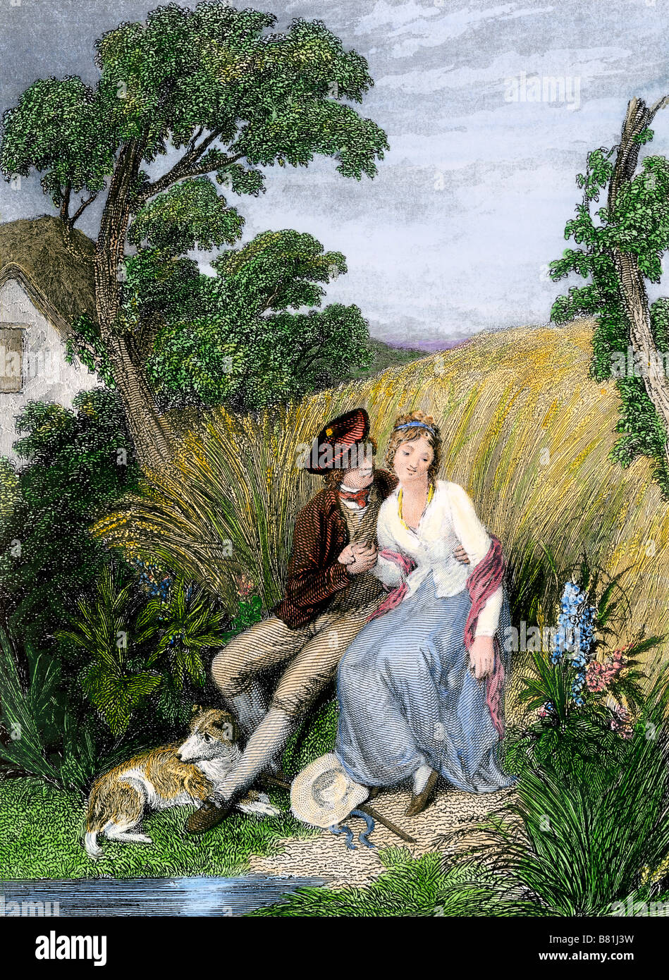 Courtship in a field of barley, from a poem by Robert Burns. Hand ...