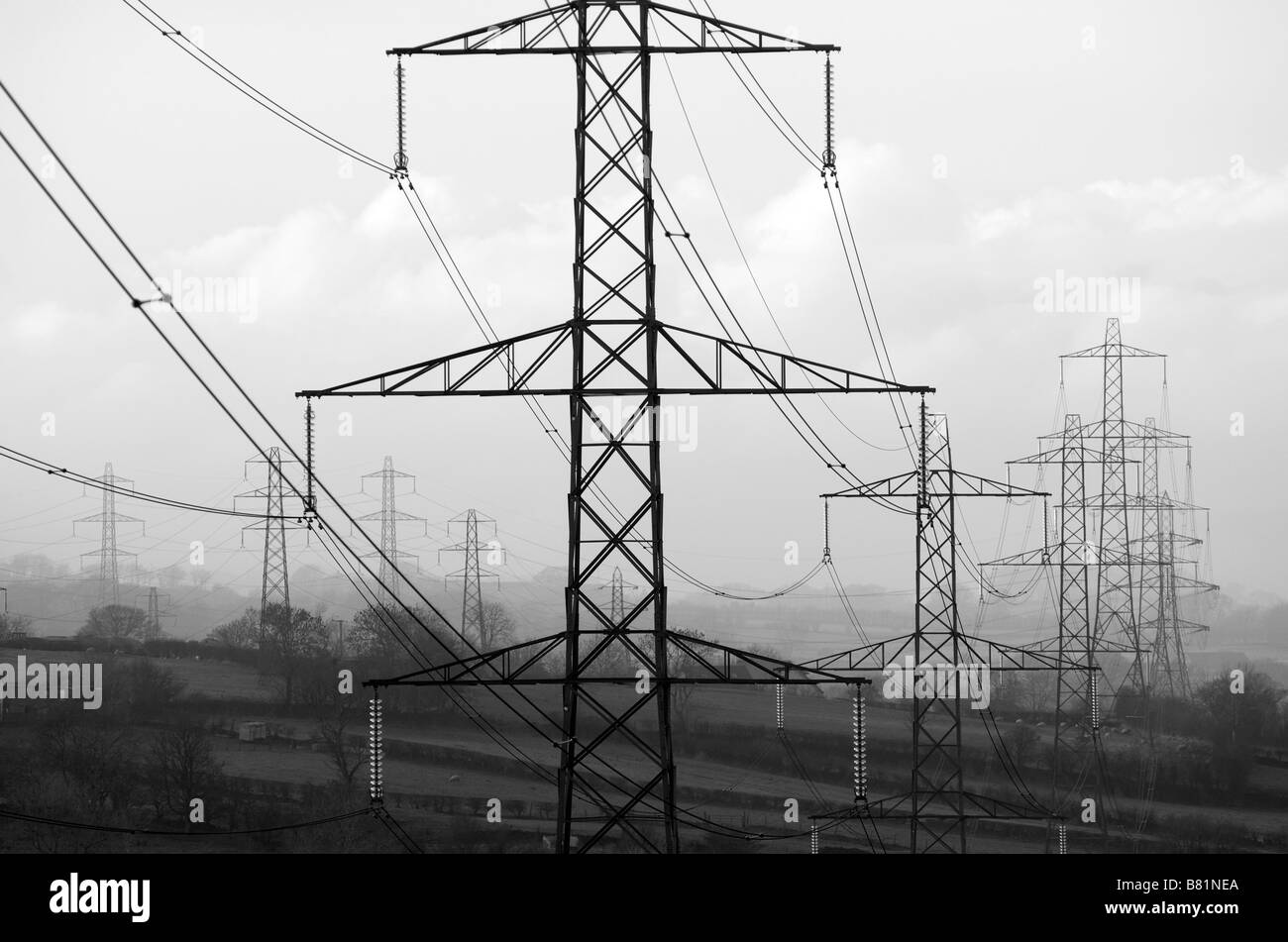 Power lines from Kilroot Power station cross country near Gleno, County ...