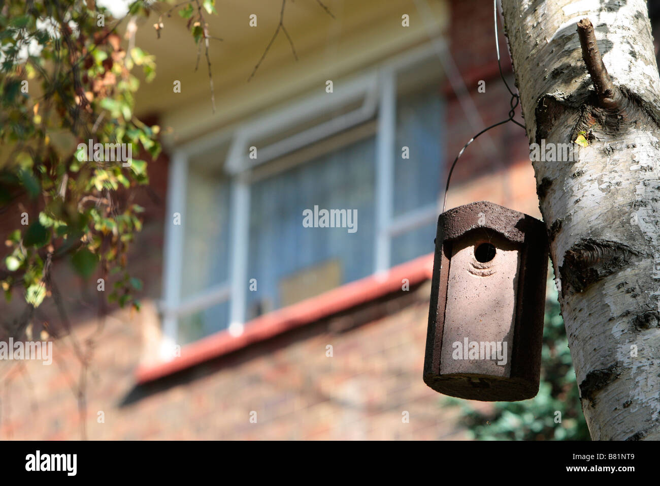 General view of a bird box in the garden of a London housing estate ...