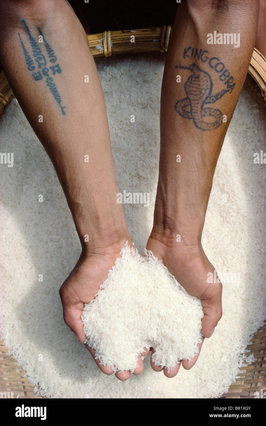 A worker at a rice mill in Bangkok scoops a handful of jasmine rice ...