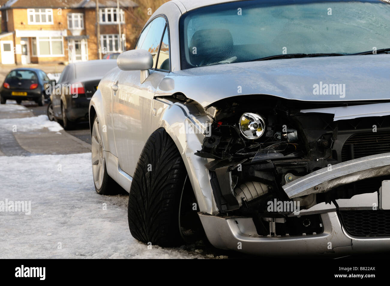 Stock photo of a crashed car showing the damage to its front wing The ...