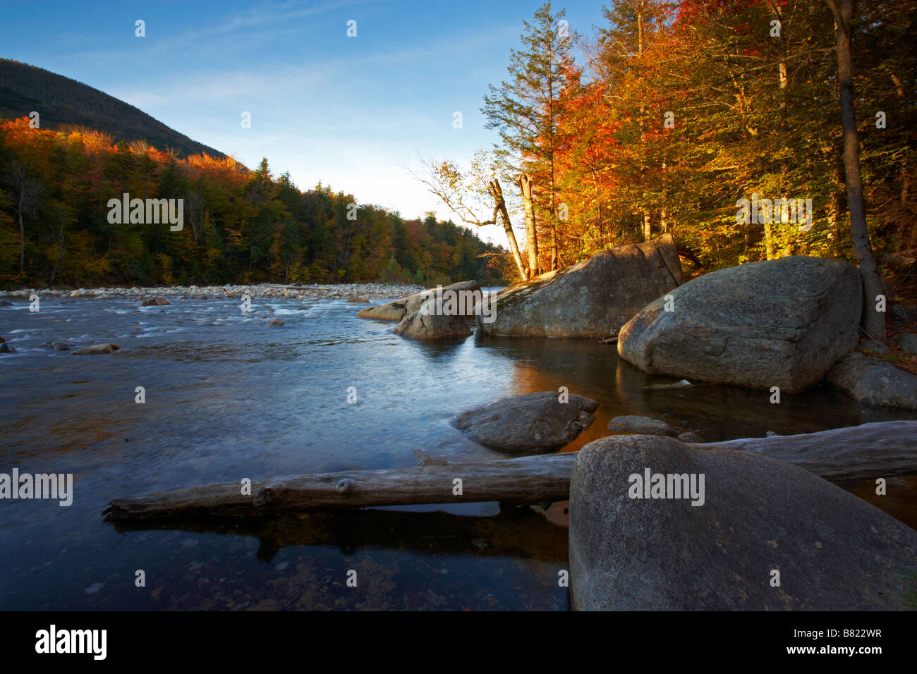Early morning fall scene by the Pemigewasset River in New Hampshire ...