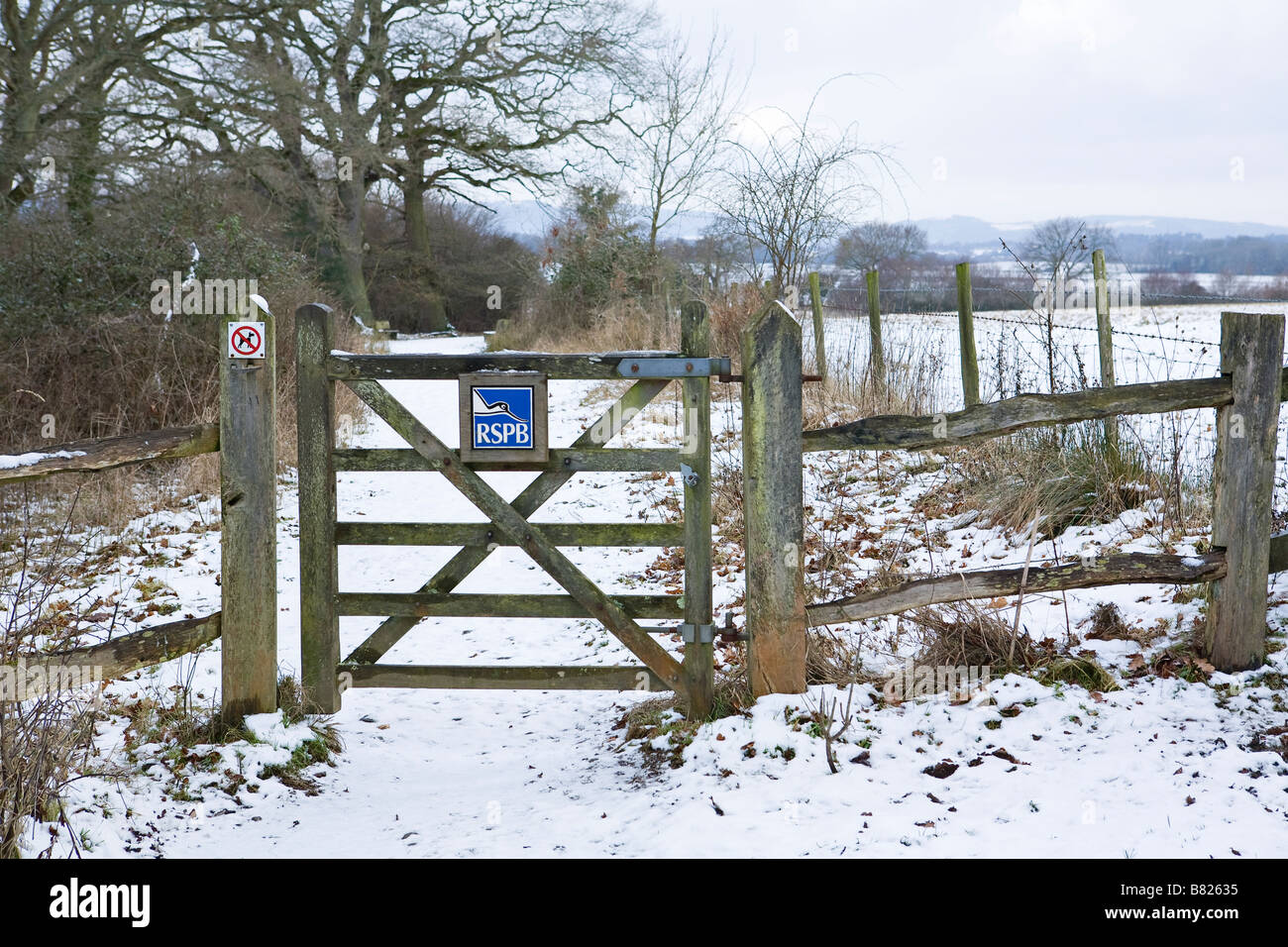 Entrance gate to RSPB Nature reserve in winter. Pulborough Brooks ...