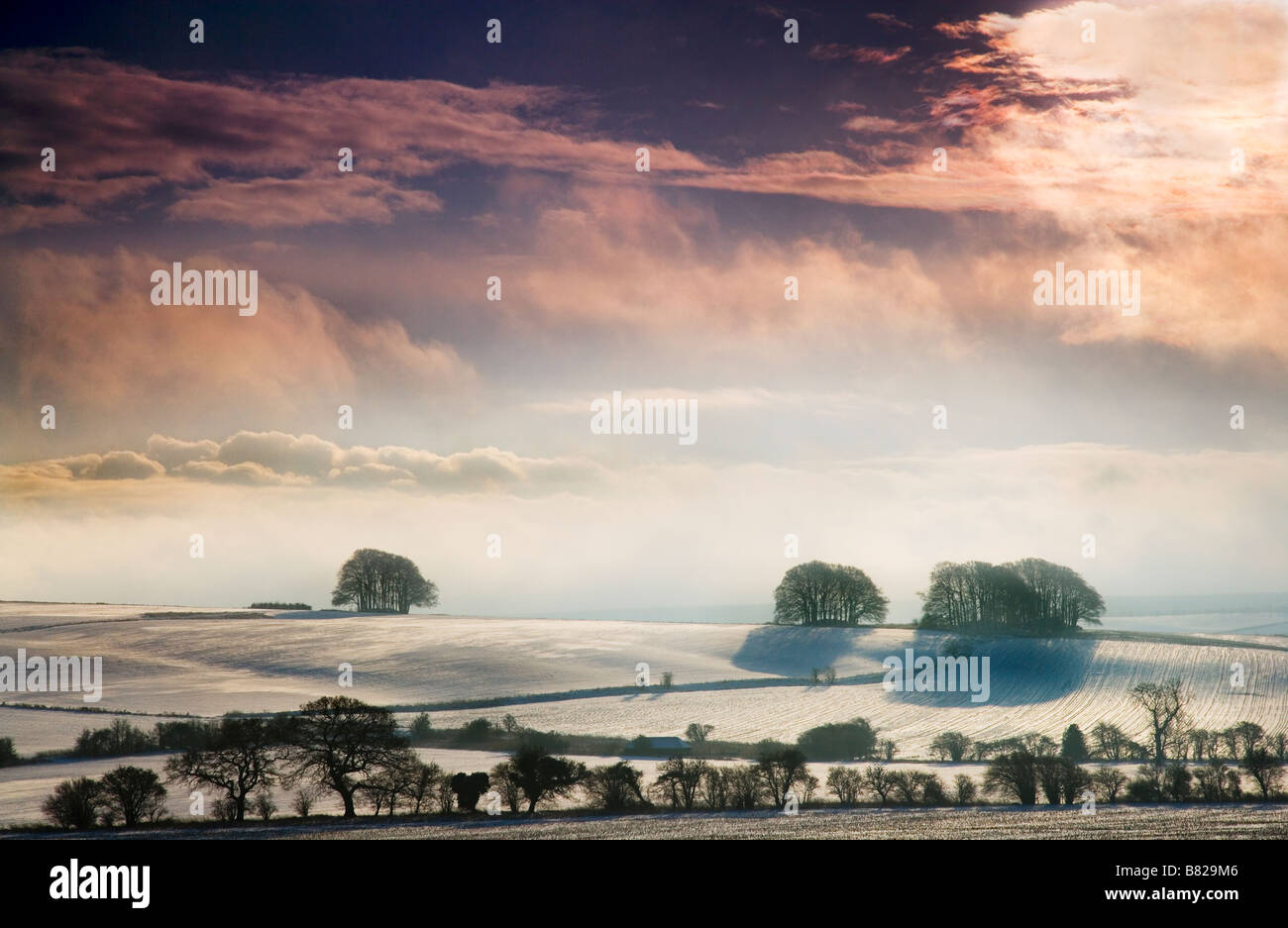 A sunny snowy winter landscape view or scene on Overton Hill near ...
