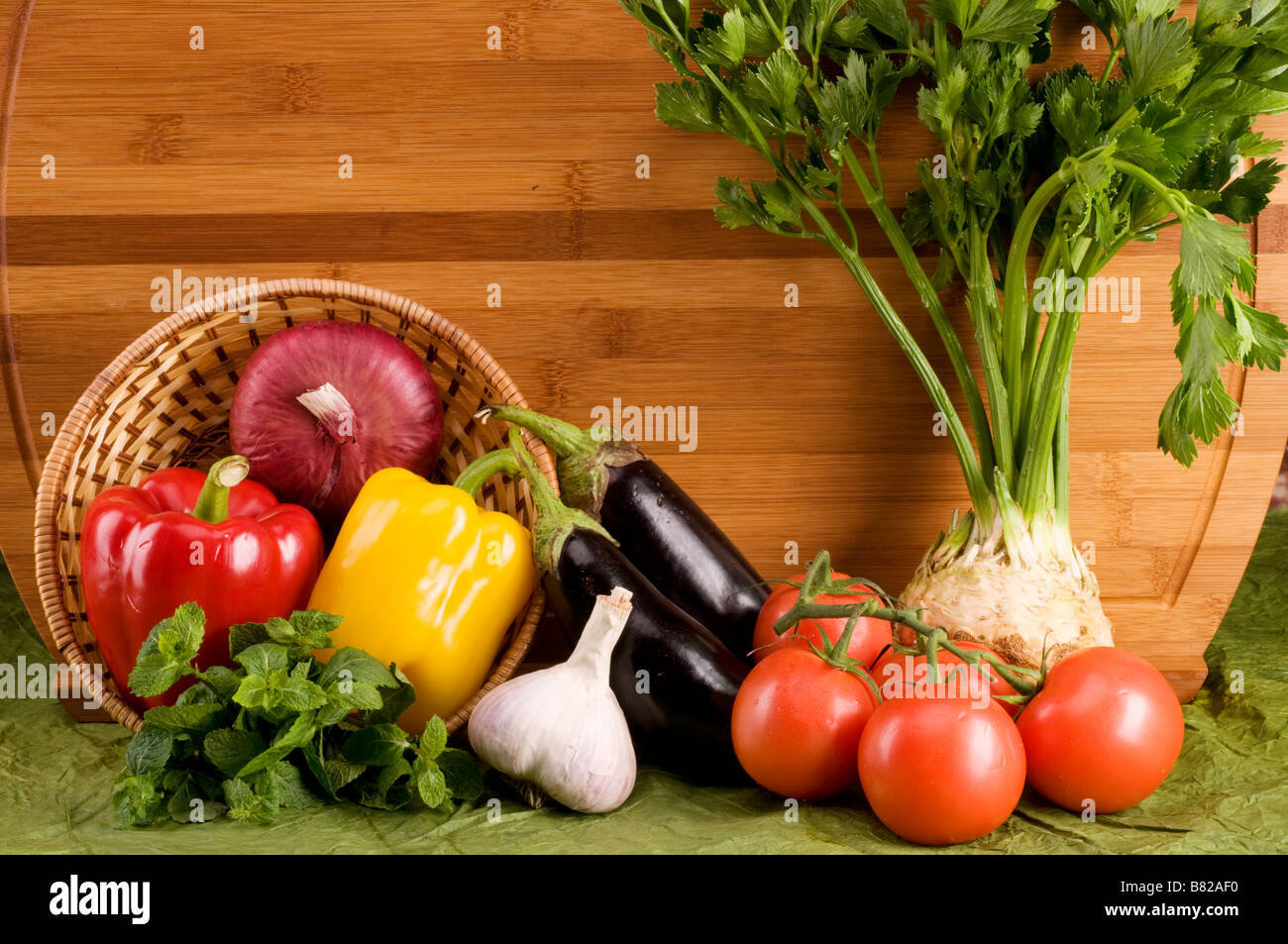Still life with vegetable food on a wood Stock Photo - Alamy