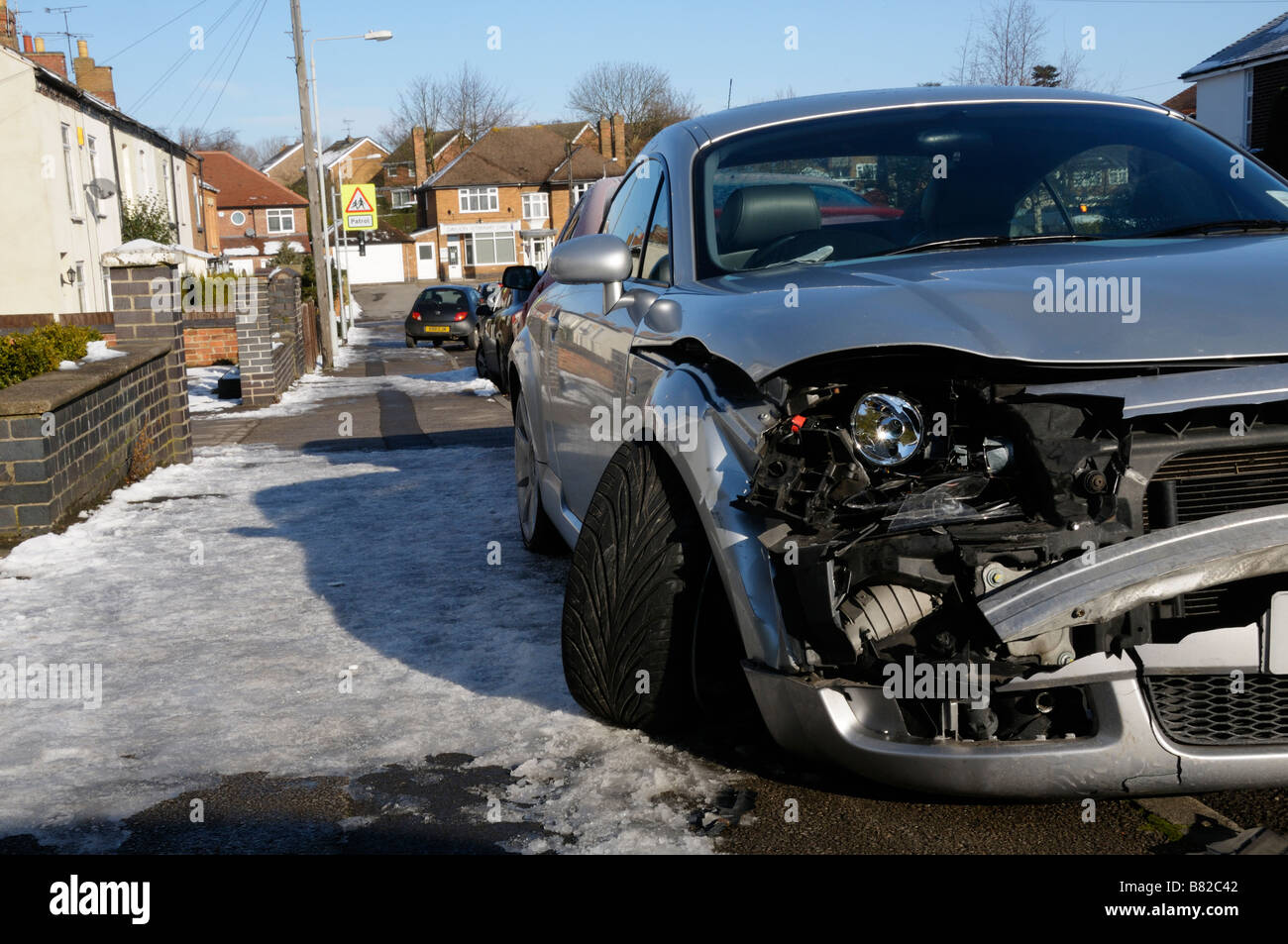 Stock photo of a crashed car showing the damage to its front wing The ...